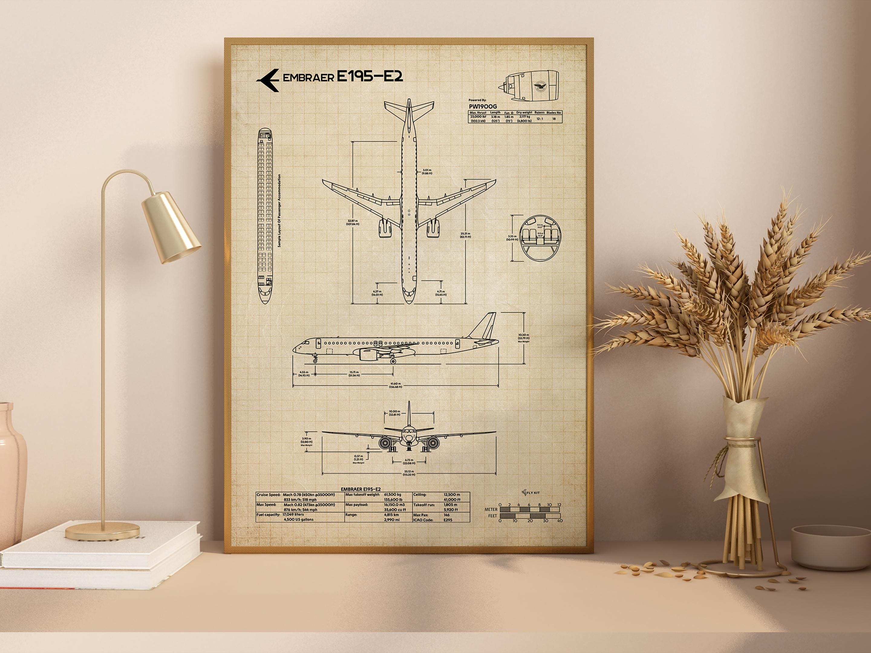 Embraer E195-E2 Blueprint Poster Vertical | Aviation Wall Art - Etsy