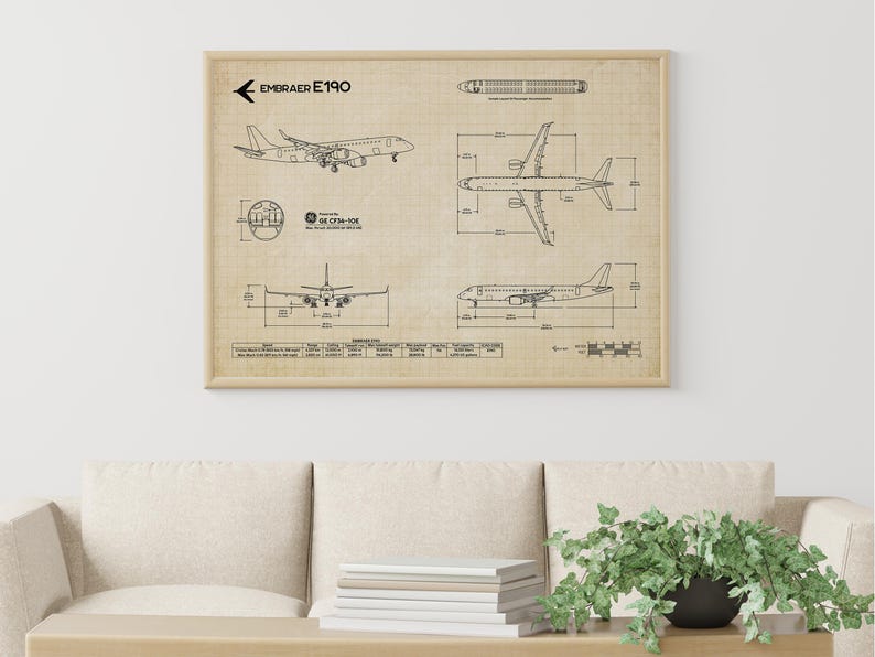Embraer E190 Blueprint Poster: Aviation Wall Art, Pilot Gift - Etsy