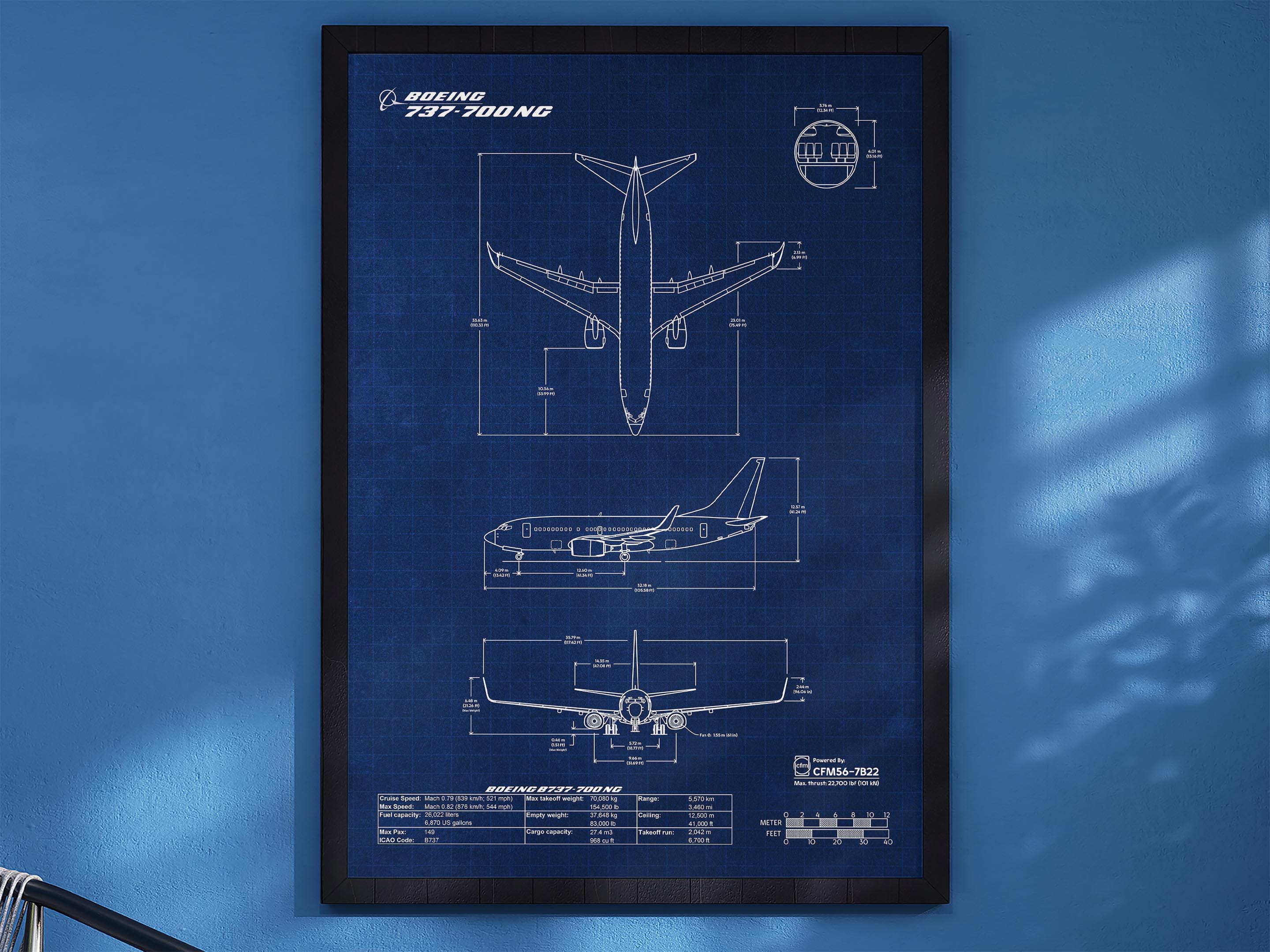 Boeing B737-700 Vertical Blueprint Premium Poster Aviation Art Pilot ...