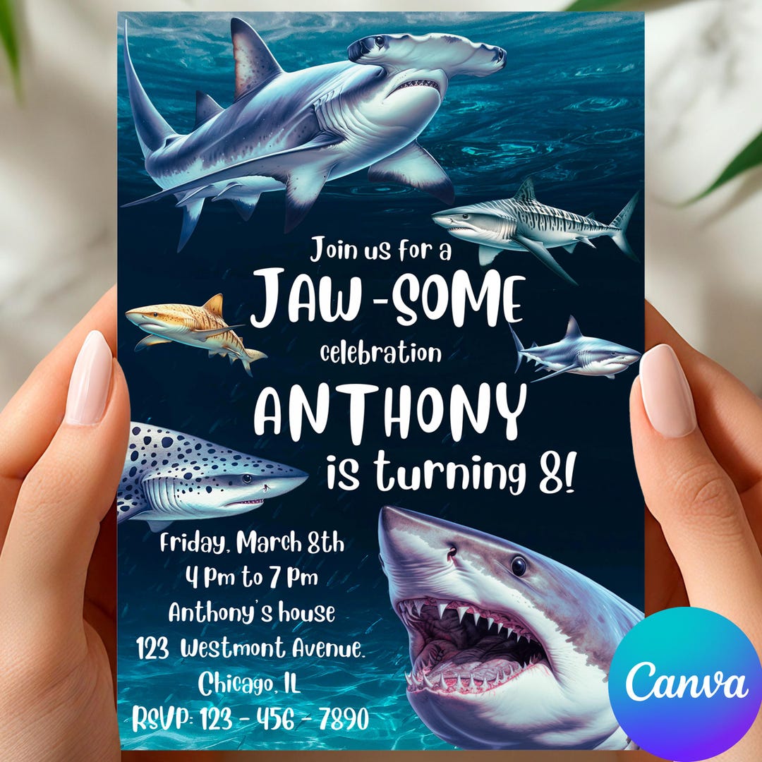 Editable Shark Party Invite Shark Invites Shark Theme Birthday ...