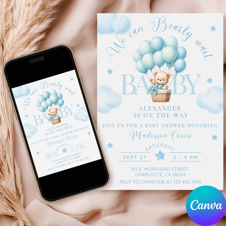 We Can Bearly Wait Teddy Bear Baby Shower Invitation: Hot Air Balloon ...