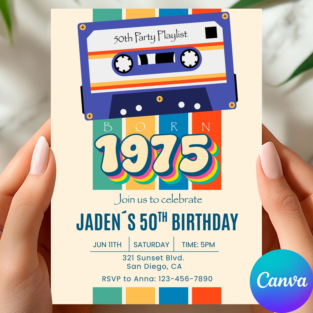 Born 1975 50th Birthday Party Invite Born in 1975 Born in 1974 50th ...