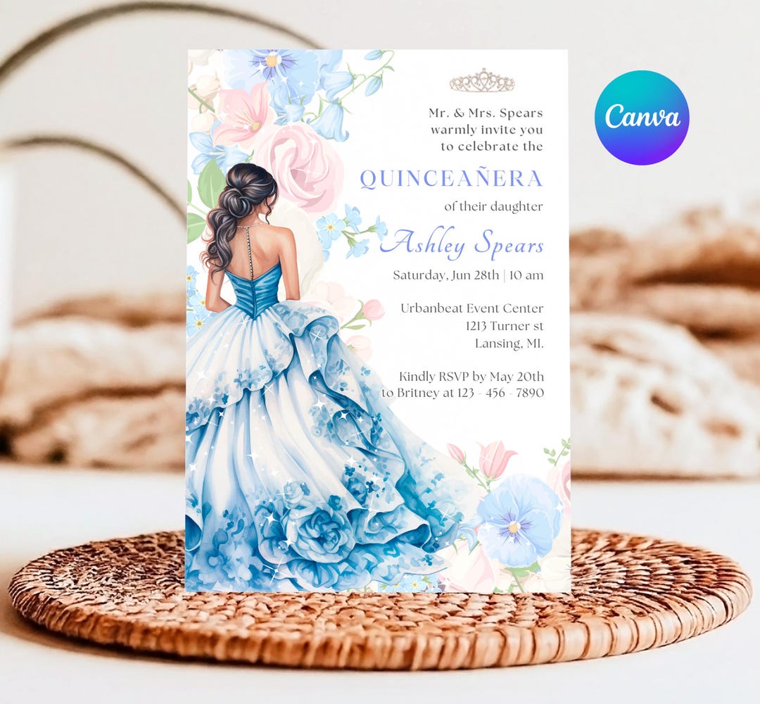 Light Blue Quinceanera Digital Invitation Editable Floral Template 15th ...
