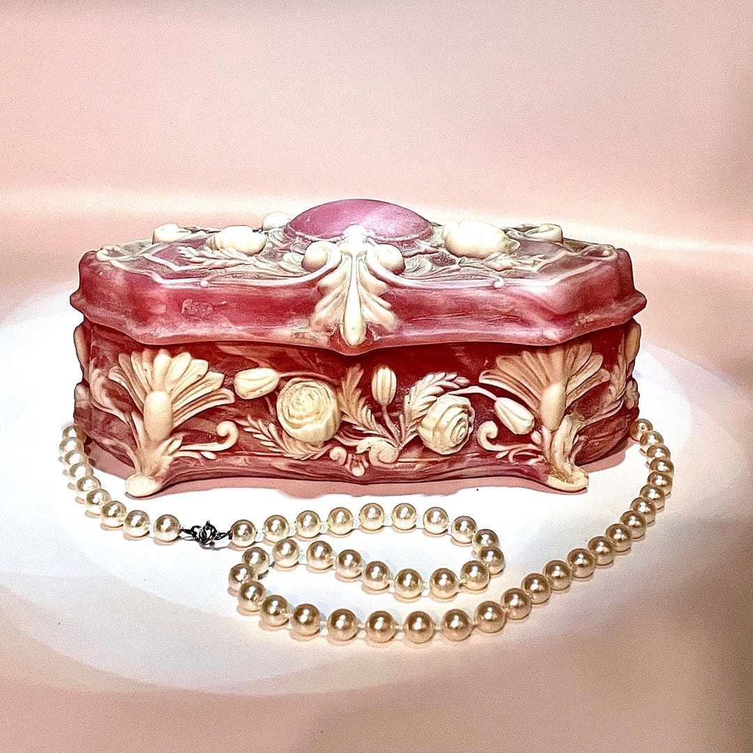 Vintage Incolay Stone Jewelry Box: Velvet Lined, Faux Pearl Necklace - Etsy