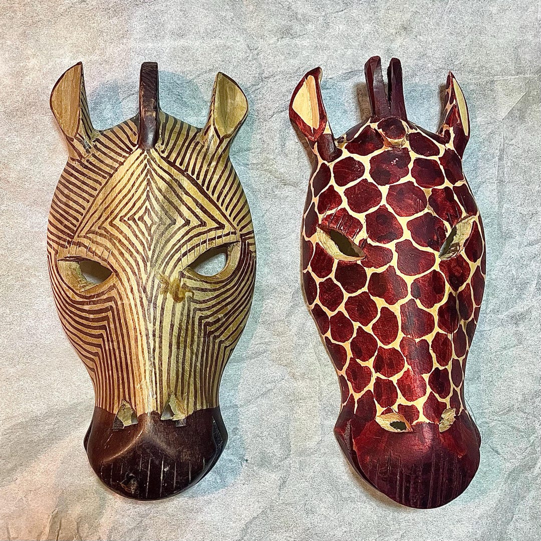 Hand-carved Olivewood Zebra & Giraffe Masks: Kenyan Tribal Art, Set of ...