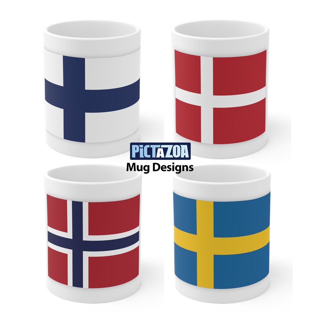 National Flag Mugs - Finland, Denmark, Norway, Sweden, Ceramic 11 Oz ...