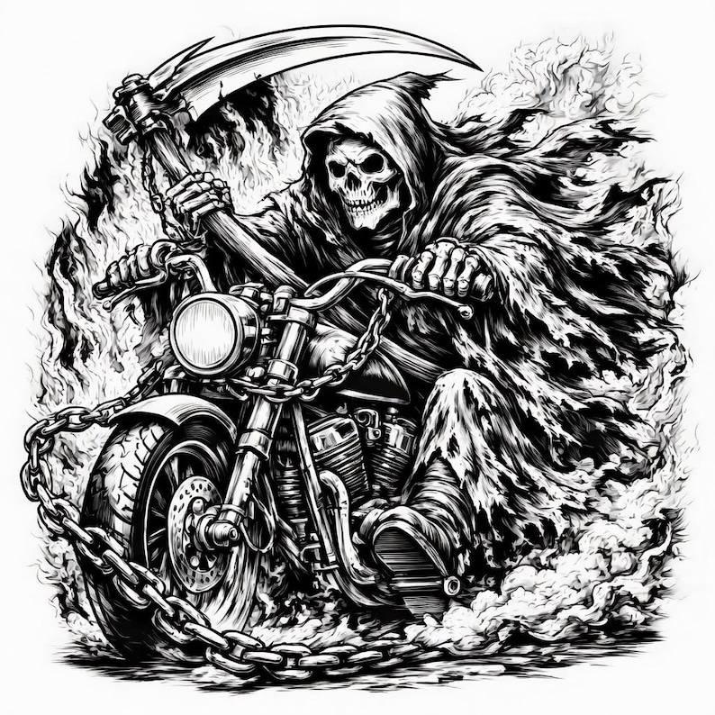 Grim Reaper Biker PNG & SVG | Gothic Motorcycle Chopper Engraving File ...