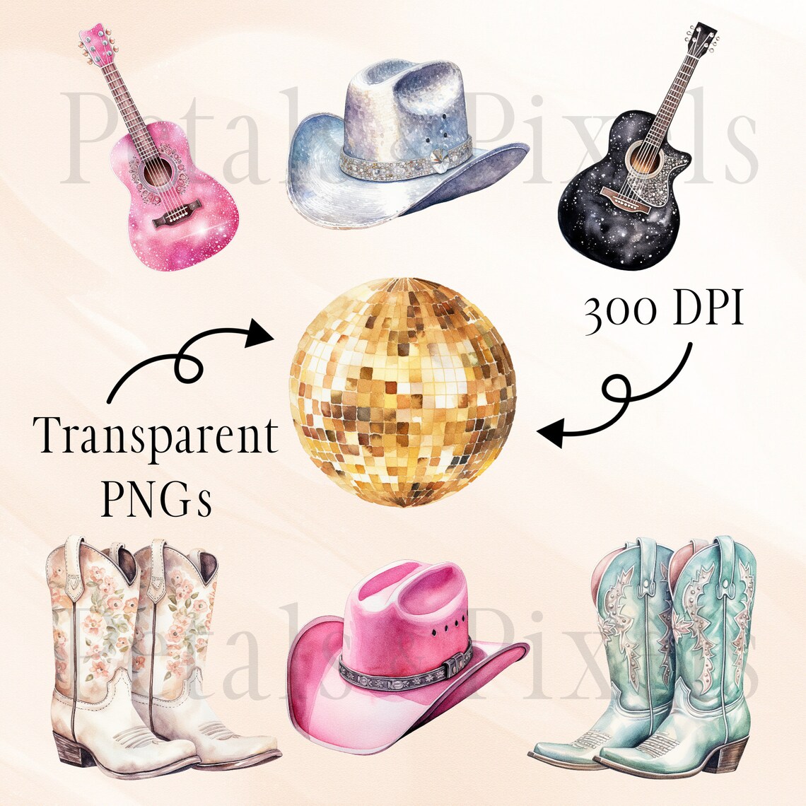 Disco Cowgirl Clipart, Coastal Cowgirl Clipart, Watercolor Clipart ...