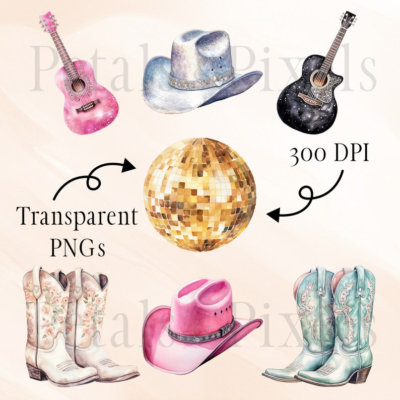 Disco Cowgirl Clipart, Coastal Cowgirl Clipart, Watercolor Clipart ...