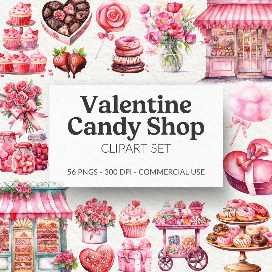 Valentine Candy Shop Clipart, Watercolor Clipart, Sweet Shop Storefront ...