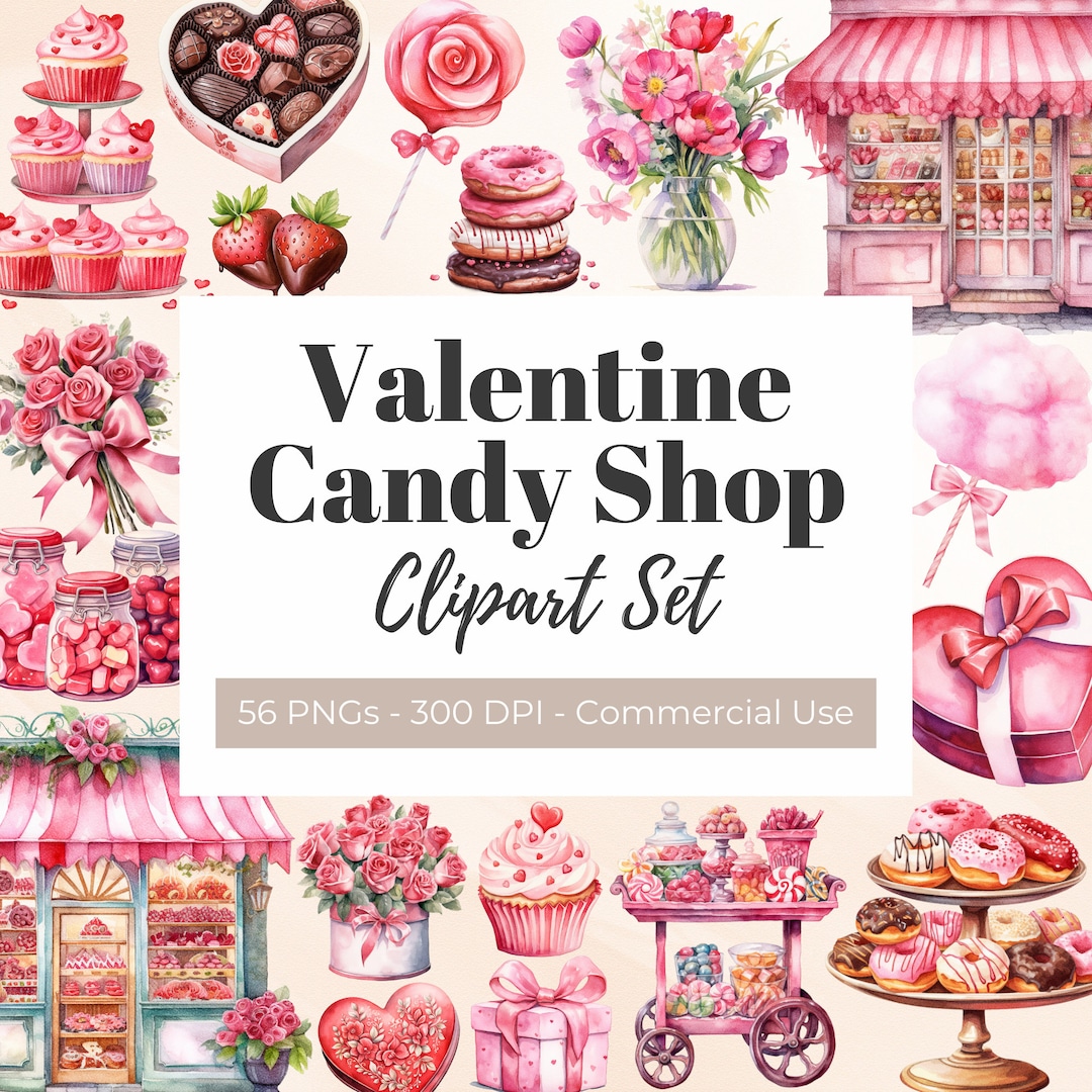 Valentine Candy Shop Clipart, Watercolor Clipart, Sweet Shop Storefront ...