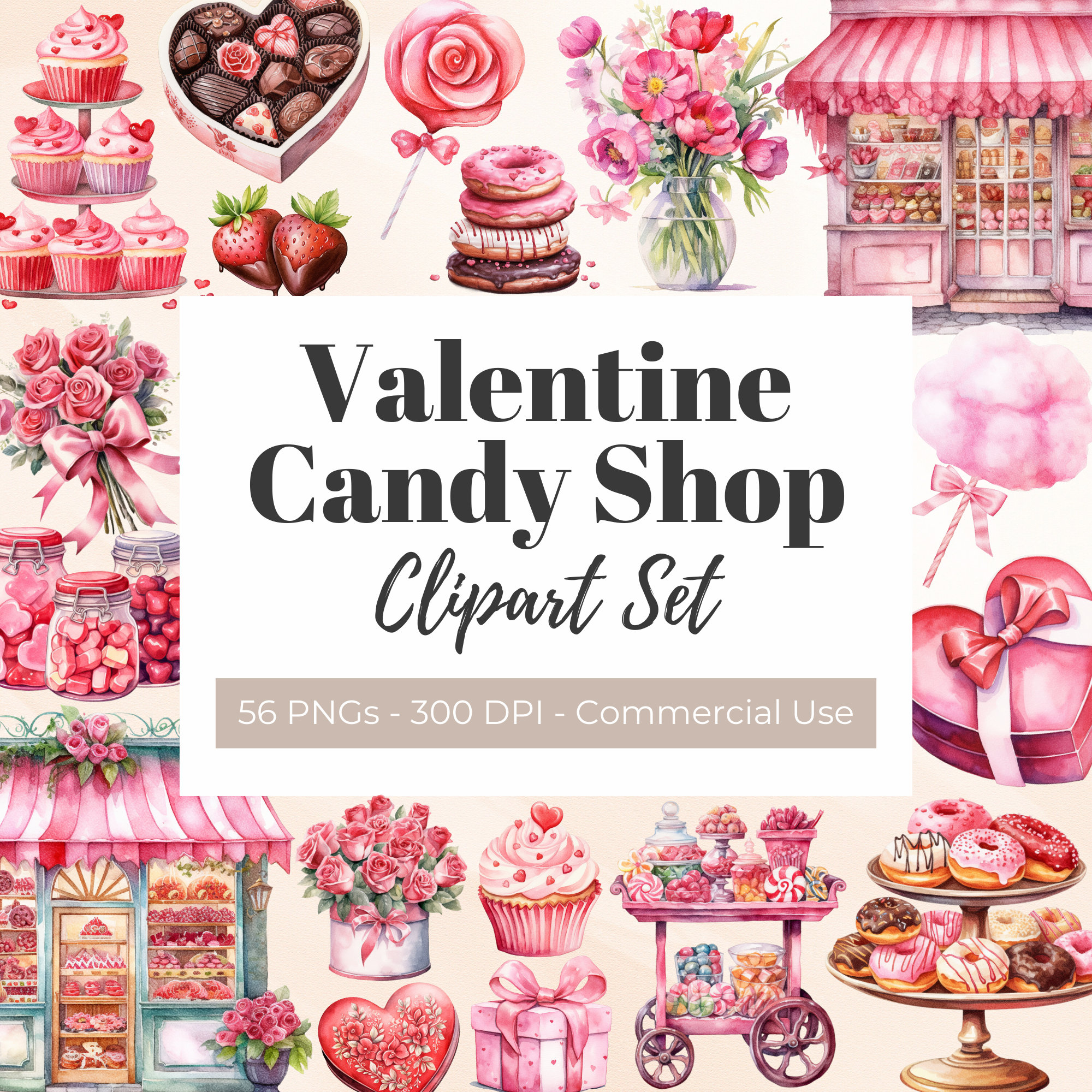 Valentine Candy Shop Clipart, Watercolor Clipart, Sweet Shop Storefront ...