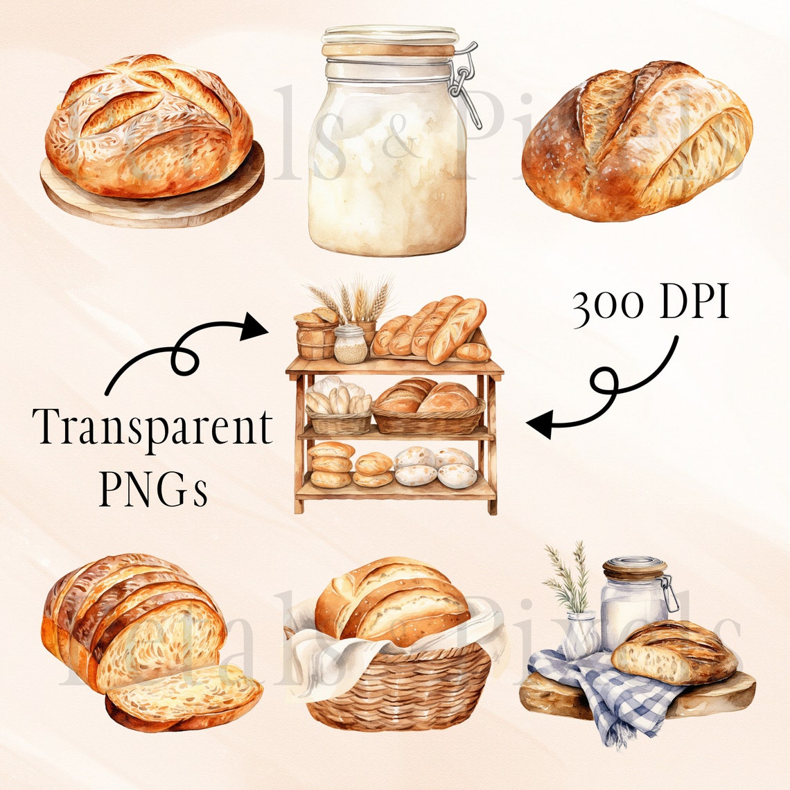 Sourdough Bread Clipart, Watercolor Clipart, Bread Baking, Starter ...