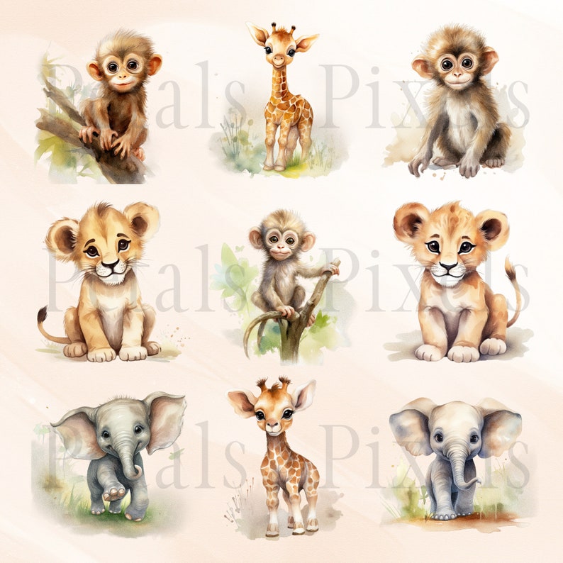 Safari Animals Clipart, Watercolor Clipart, Cute Baby Animals, Baby ...