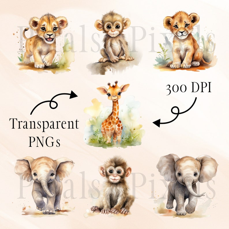 Safari Animals Clipart, Watercolor Clipart, Cute Baby Animals, Baby ...