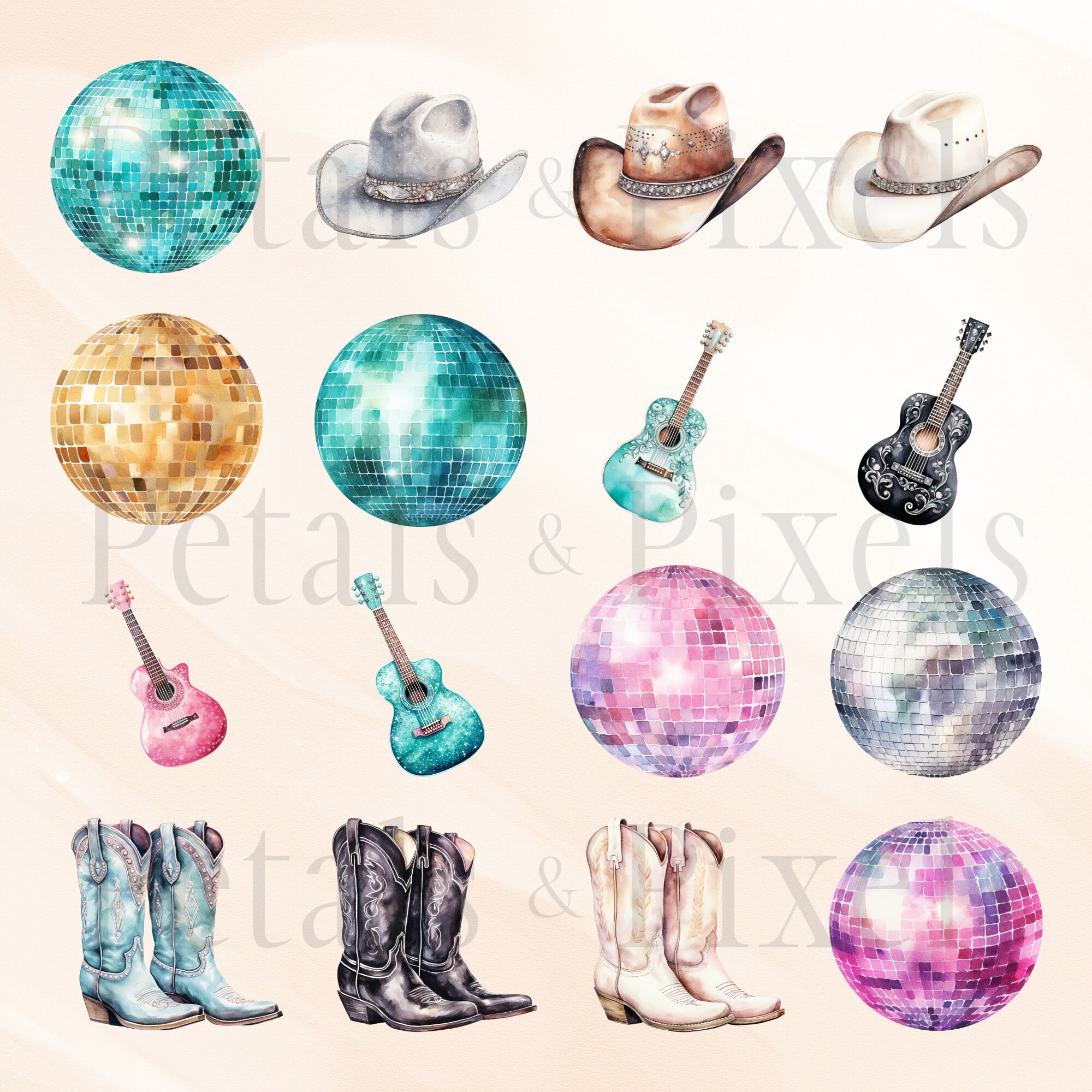 Disco Cowgirl Clipart, Coastal Cowgirl Clipart, Watercolor Clipart ...