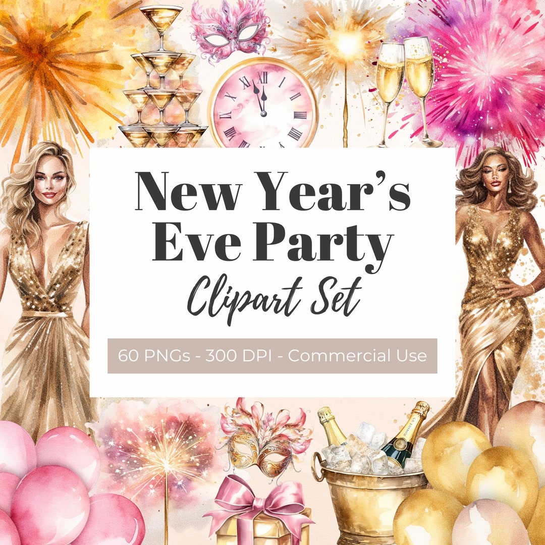 New Year's Eve Party Clipart, Watercolor Clipart, New Years Eve Party ...