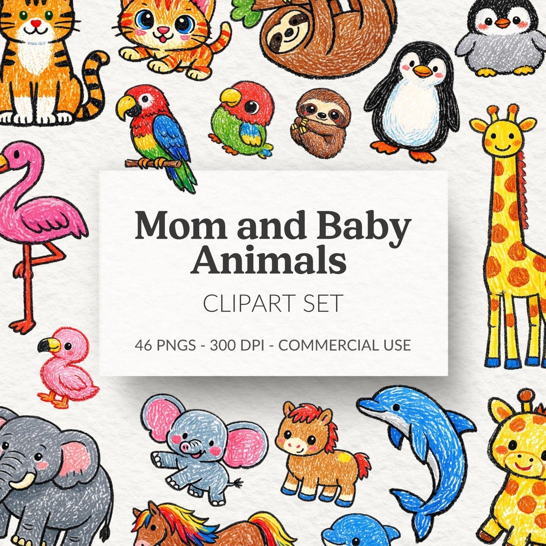 Mom and Baby Animals Clipart Set Cute Crayon Animal Graphics Kids ...