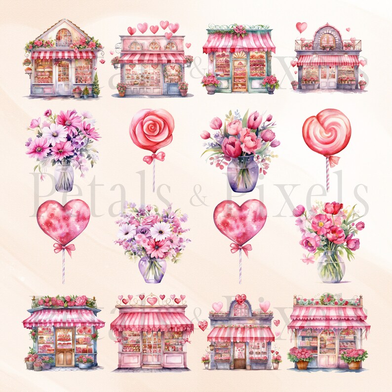 Valentine Candy Shop Clipart, Watercolor Clipart, Sweet Shop Storefront ...