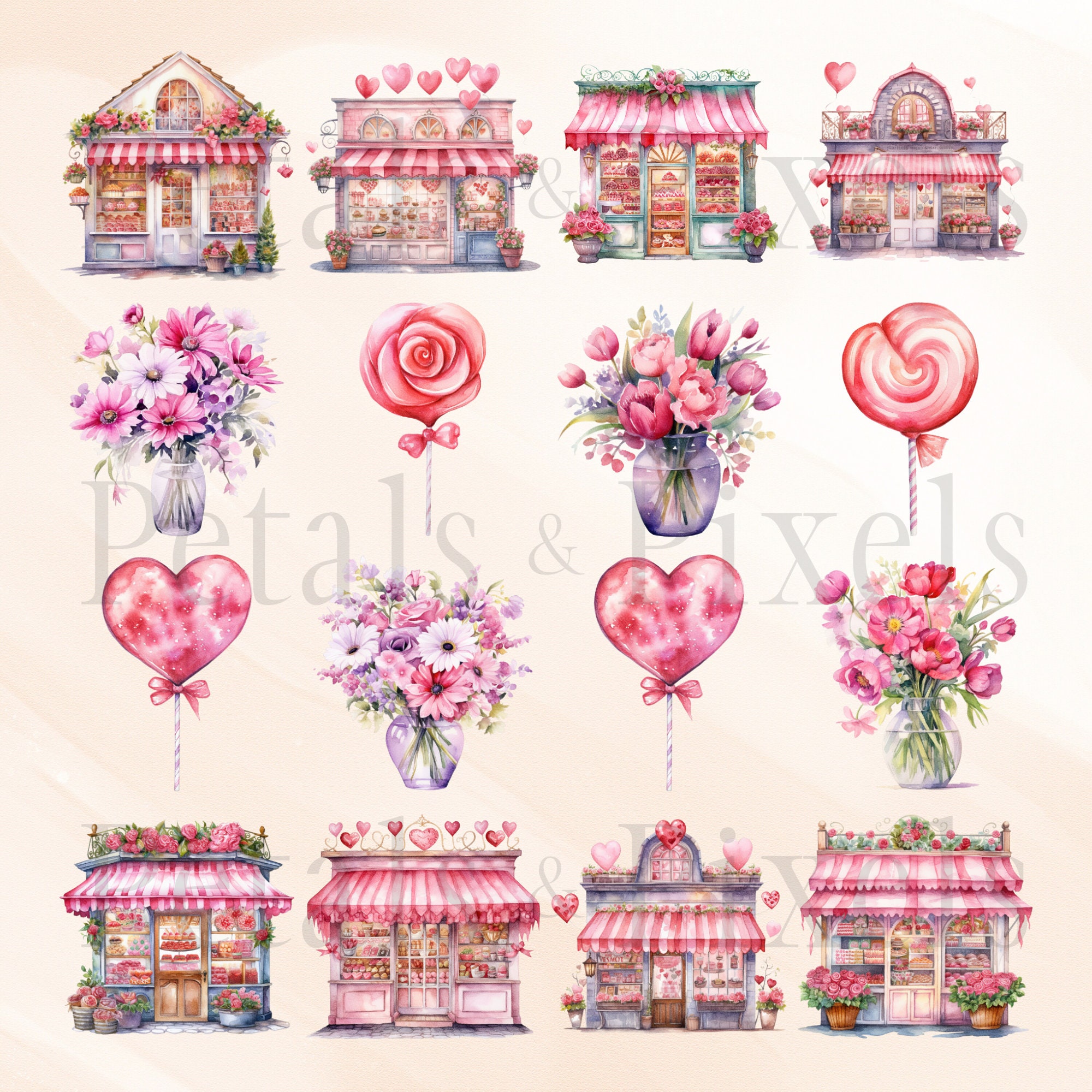 Valentine Candy Shop Clipart, Watercolor Clipart, Sweet Shop Storefront ...