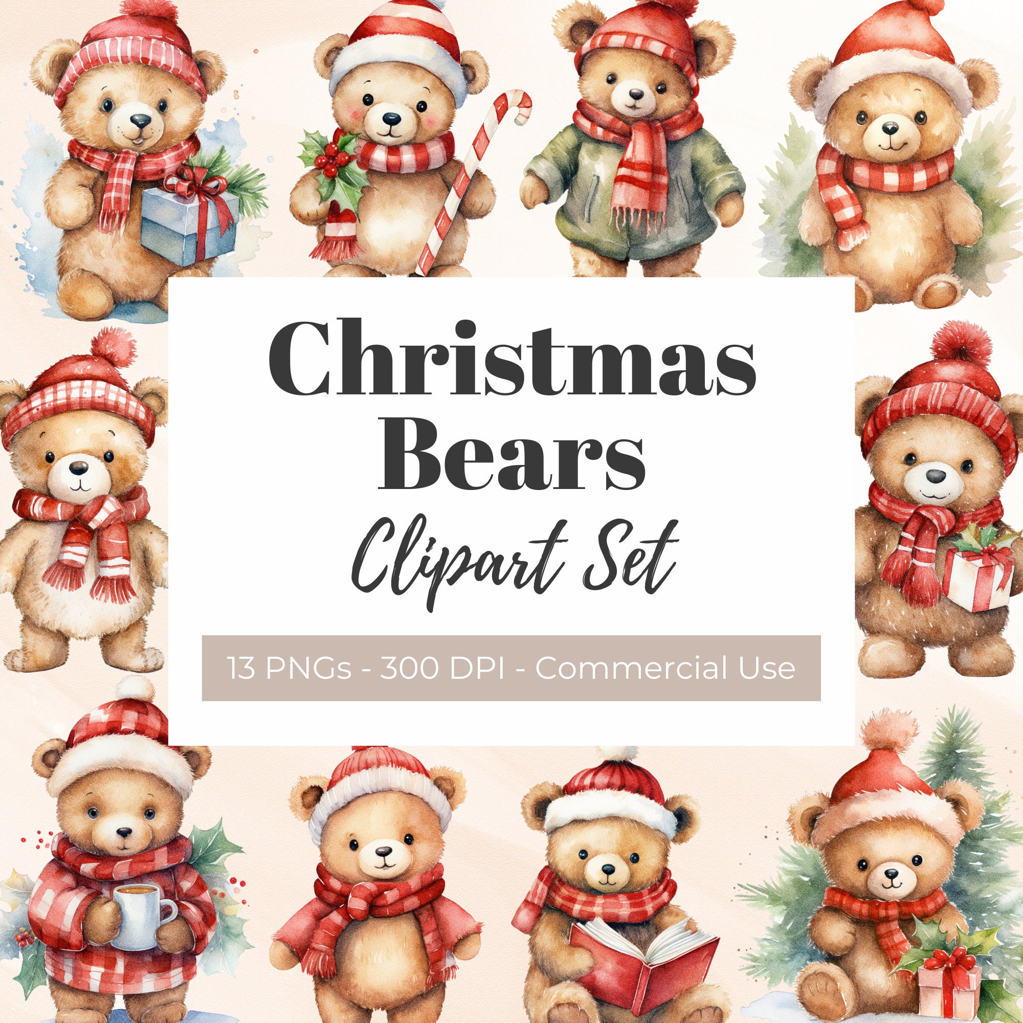 Christmas Bears Clipart, Watercolor Graphics, Digital Download ...
