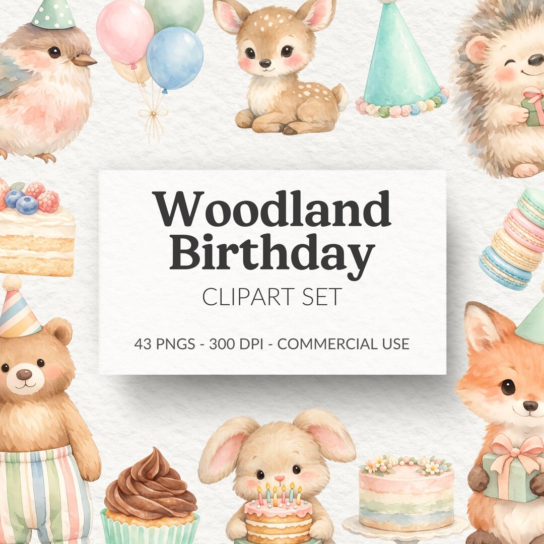 Woodland Birthday Clipart Set: Watercolor Forest Animals, Kids Party ...