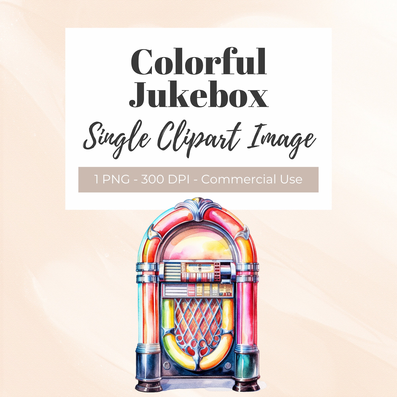 Colorful Jukebox Clipart, Watercolor Clipart, Retro Graphics, 50's ...