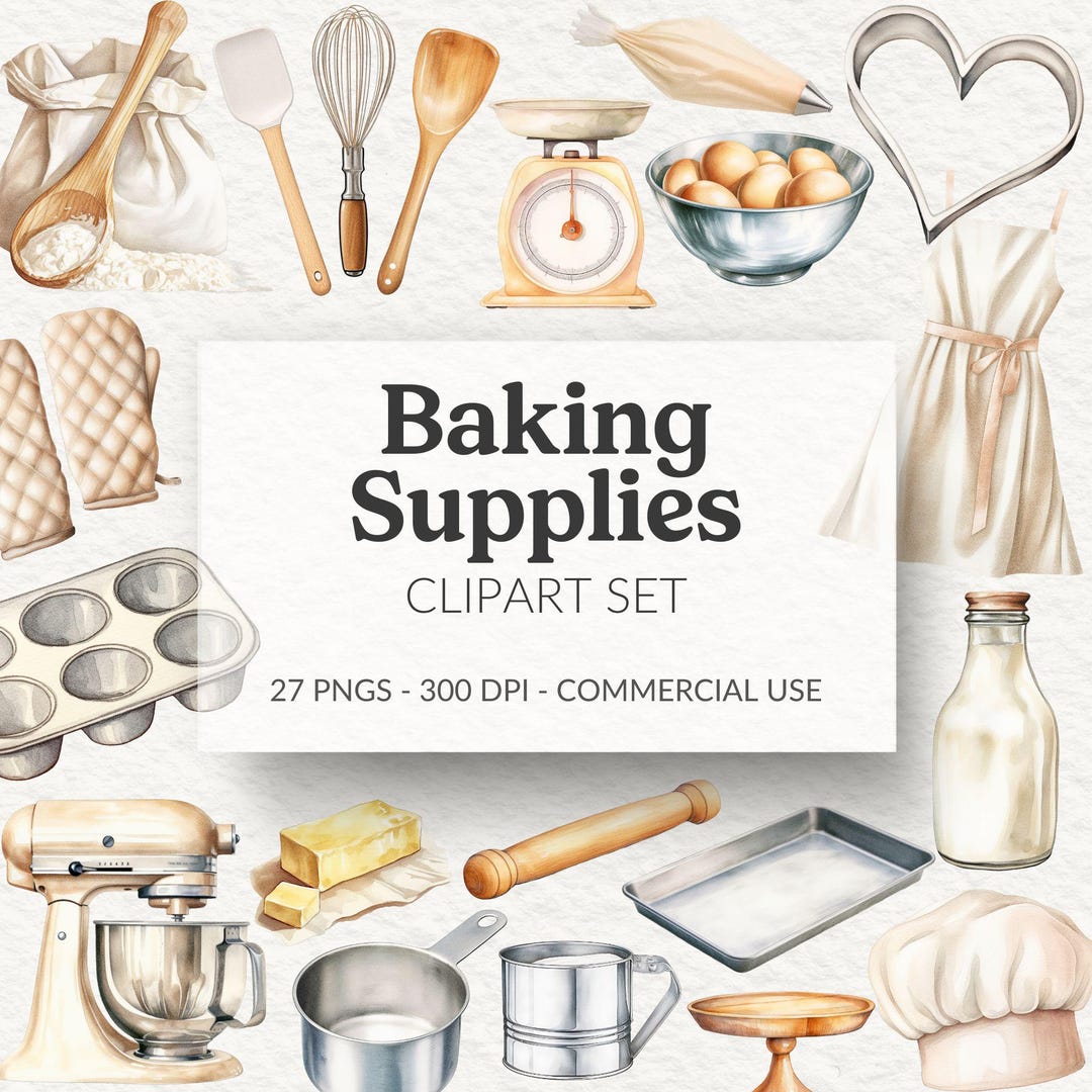 Watercolor Baking Supplies Clipart Set, Bakery PNG (digital Download ...