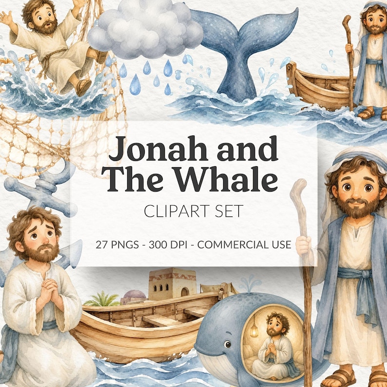 Jonah and the Whale Clipart Set Watercolor Bible Story Graphics Sunday ...