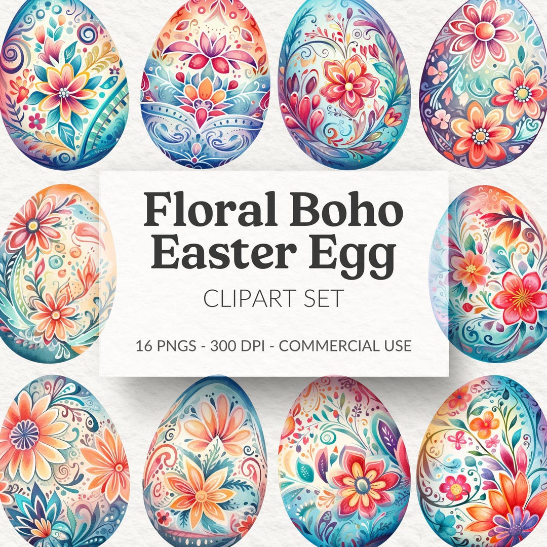 Floral Boho Easter Egg Clipart, Watercolor Clipart, Spring Clipart ...