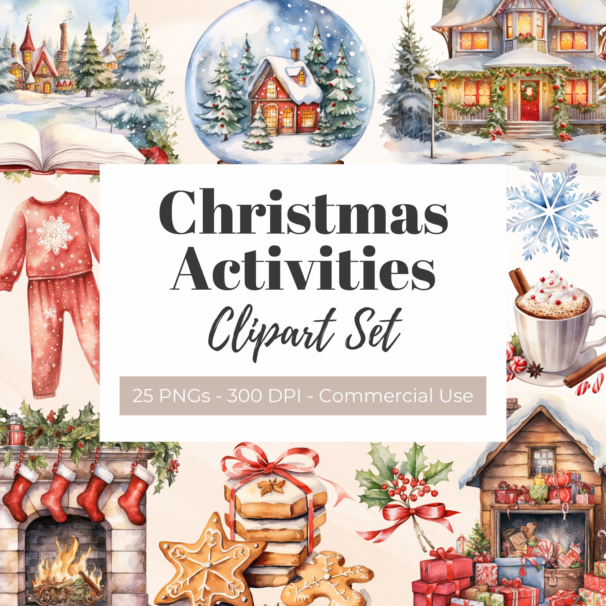 Christmas Activities Clipart, Watercolor Graphics, Digital Download ...