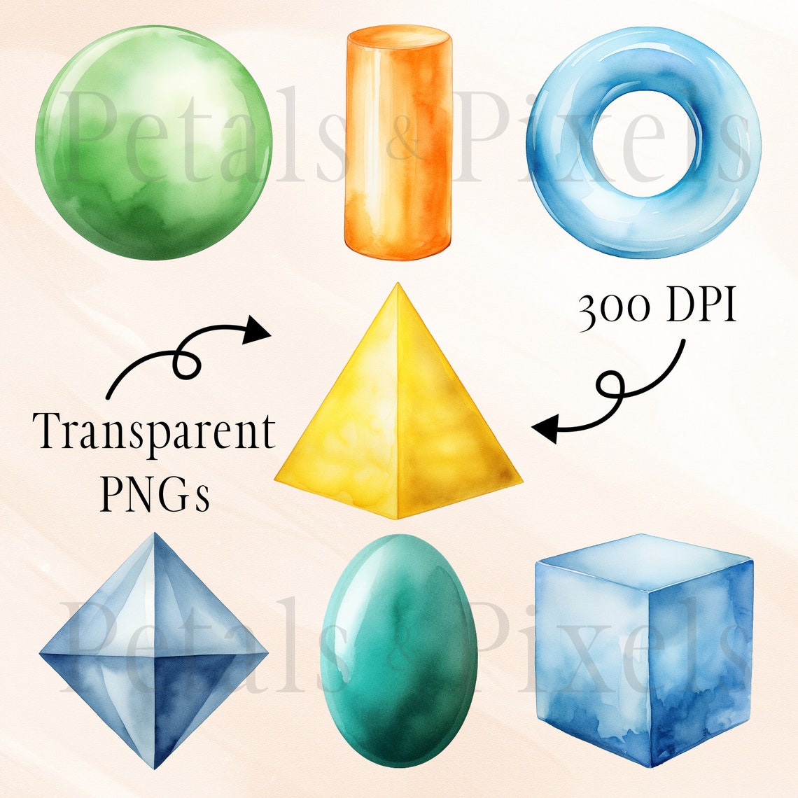3D Geometric Shapes Clipart, Watercolor, 3D Shapes for Kids, Design ...