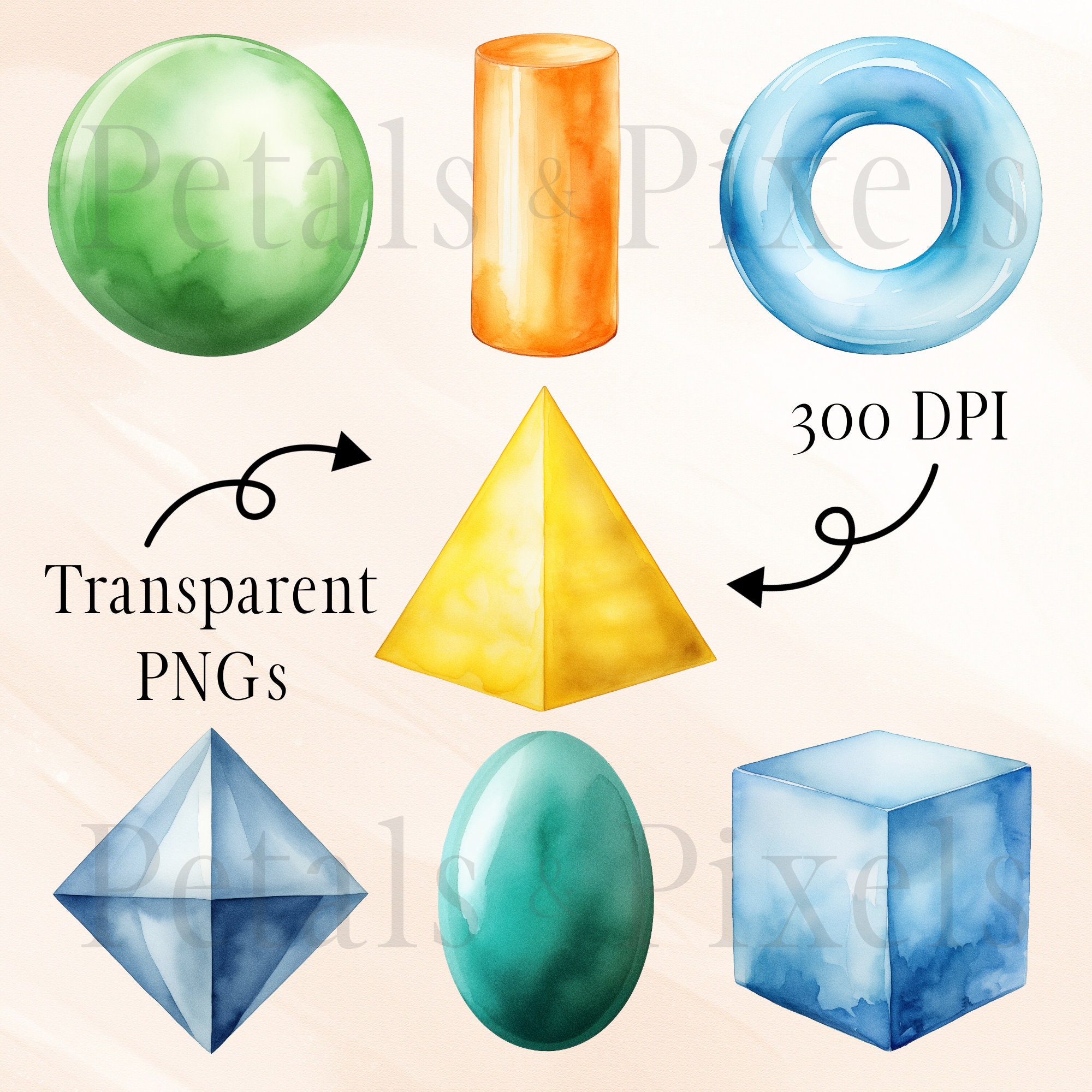 3D Geometric Shapes Clipart, Watercolor, 3D Shapes for Kids, Design ...