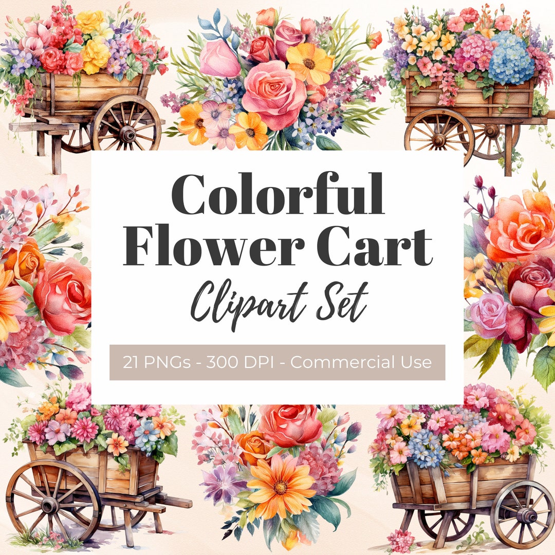 Colorful Flower Cart Clipart, Watercolor Graphics, Digital Download ...