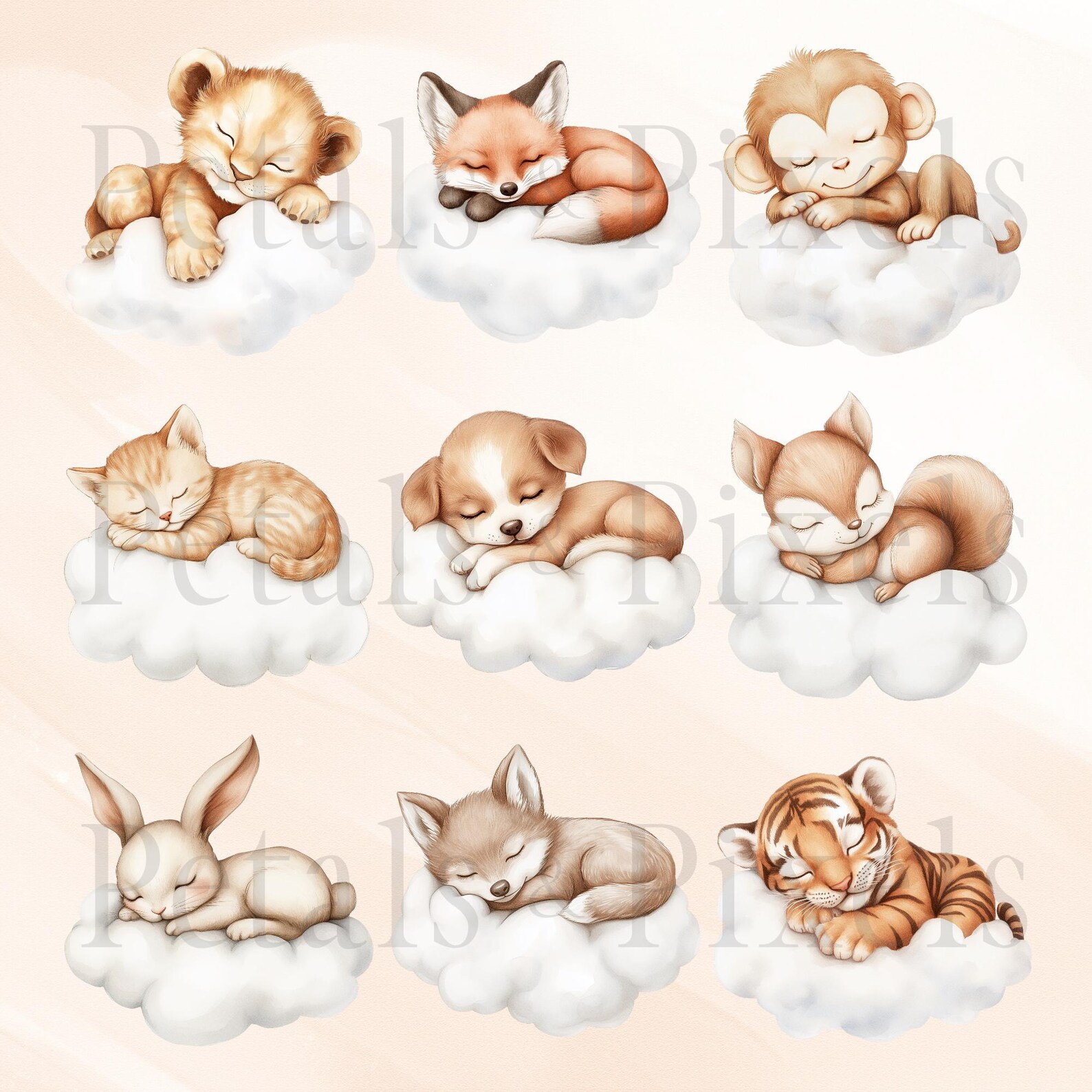Neutral Sleeping Animals Clipart Nursery Watercolor Digital Download ...