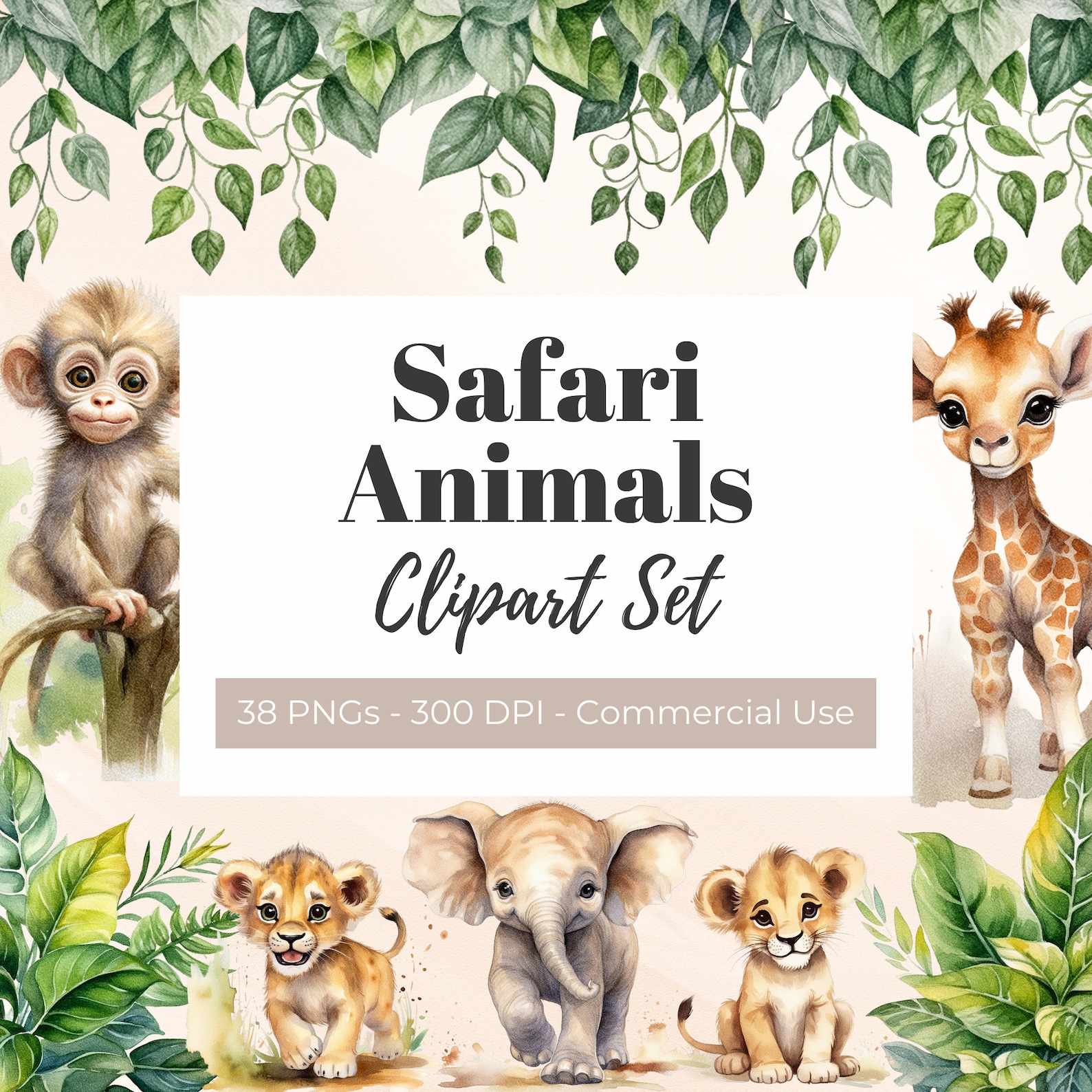 Safari Animals Clipart, Watercolor Clipart, Cute Baby Animals, Baby ...