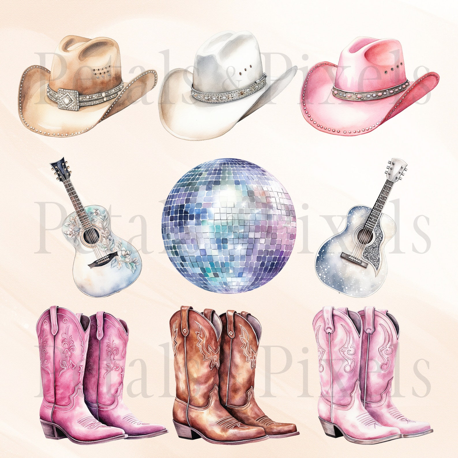 Disco Cowgirl Clipart, Coastal Cowgirl Clipart, Watercolor Clipart ...
