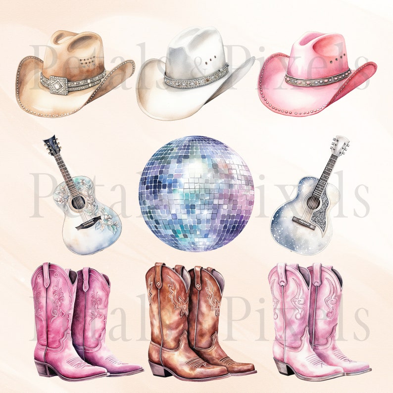 Disco Cowgirl Clipart, Coastal Cowgirl Clipart, Watercolor Clipart ...
