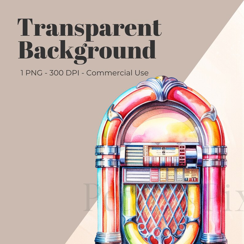 Colorful Jukebox Clipart, Watercolor Clipart, Retro Graphics, 50's ...