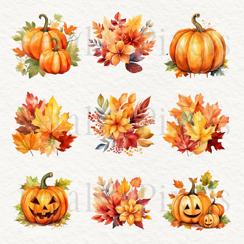 Watercolor Fall Clipart Set, Pumpkin, Apples, Leaves (digital Download ...