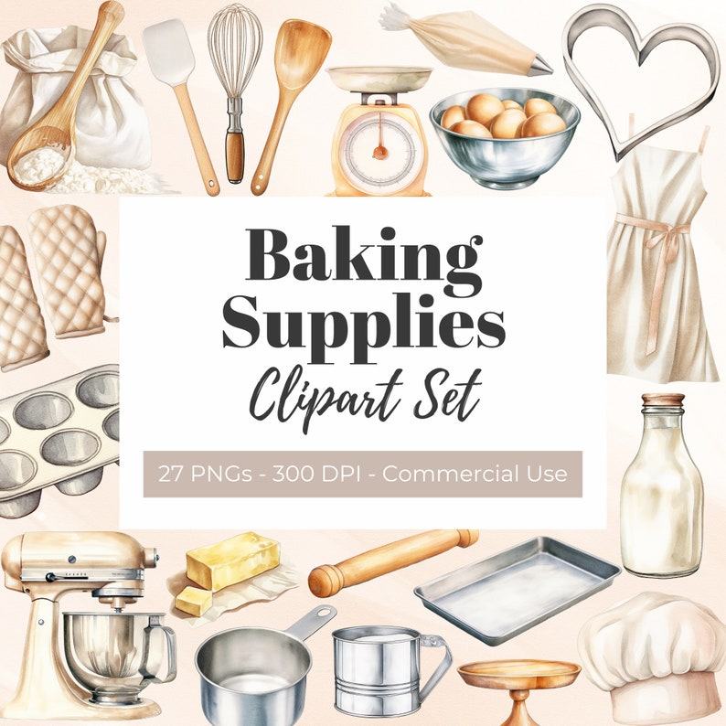 Baking Supplies Clipart, Watercolor Clipart, Bakery Shop, Bread Bakery ...