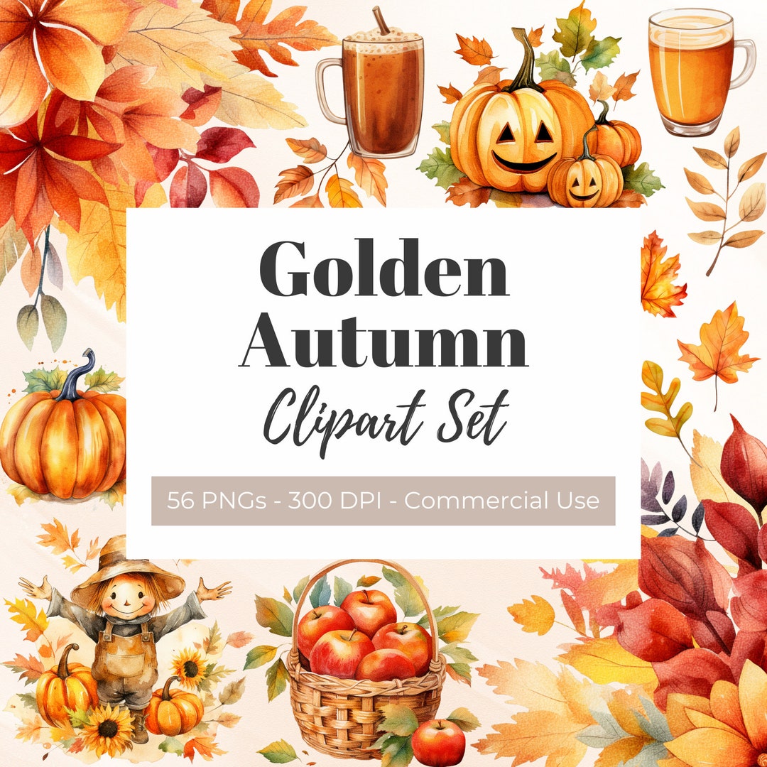 Golden Autumn Clipart, Watercolor Graphics, Digital Download ...
