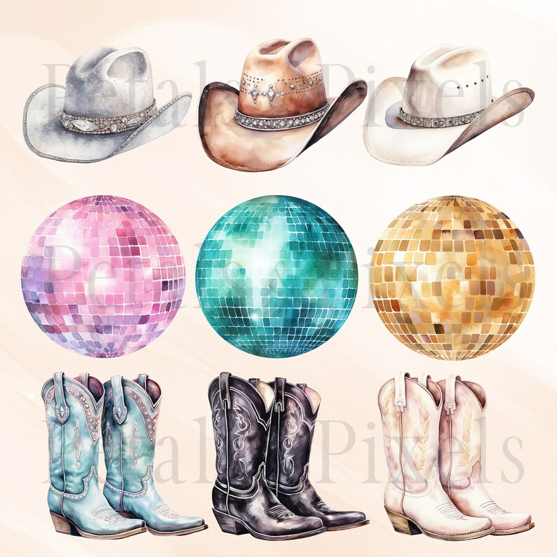 Disco Cowgirl Clipart, Coastal Cowgirl Clipart, Watercolor Clipart ...