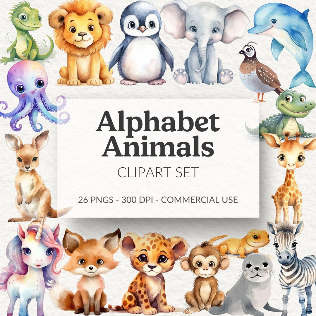 Watercolor Alphabet Animals Clipart, Kids Educational PNG (digital ...
