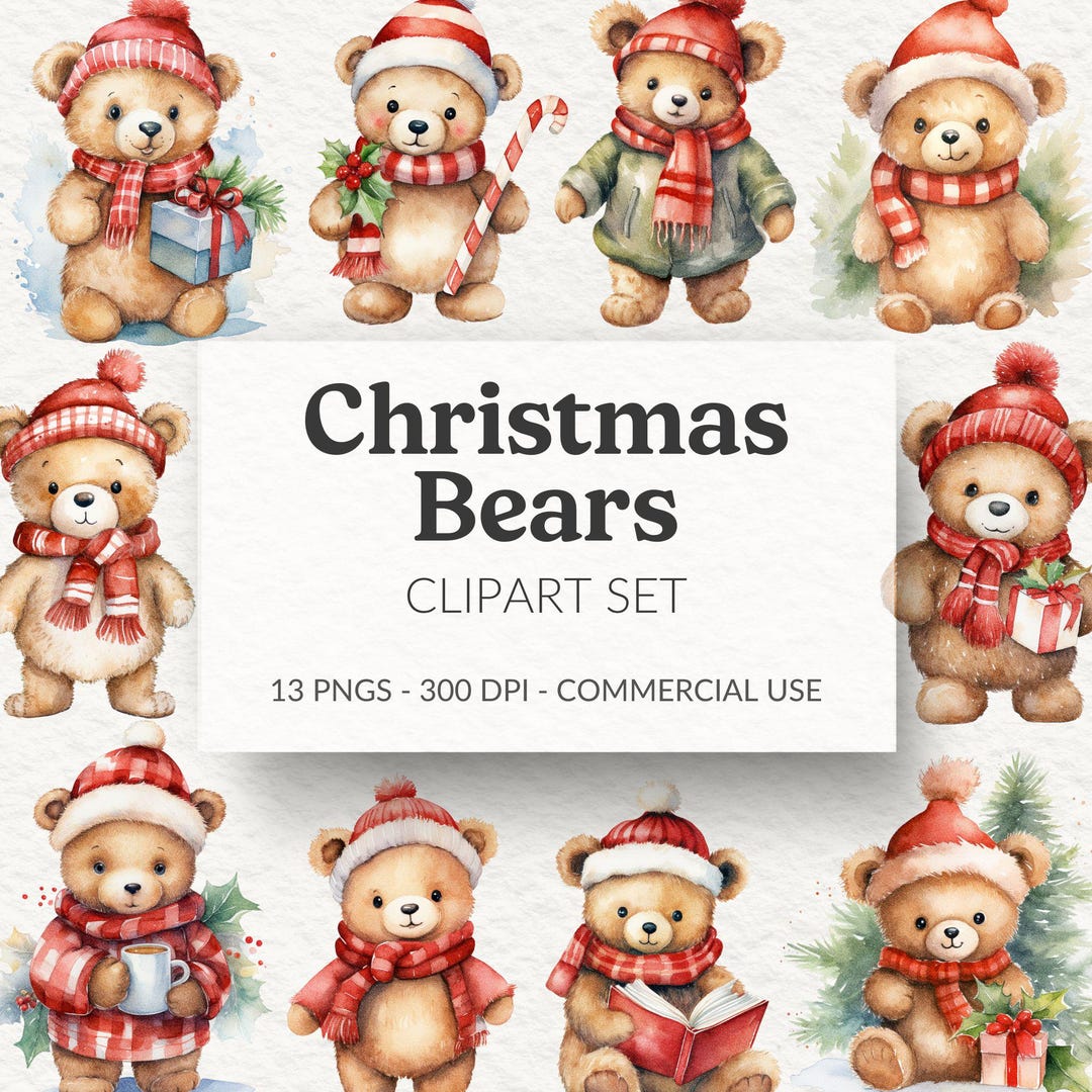Watercolor Christmas Bears Clipart, Holiday Teddy Bears PNG (digital ...