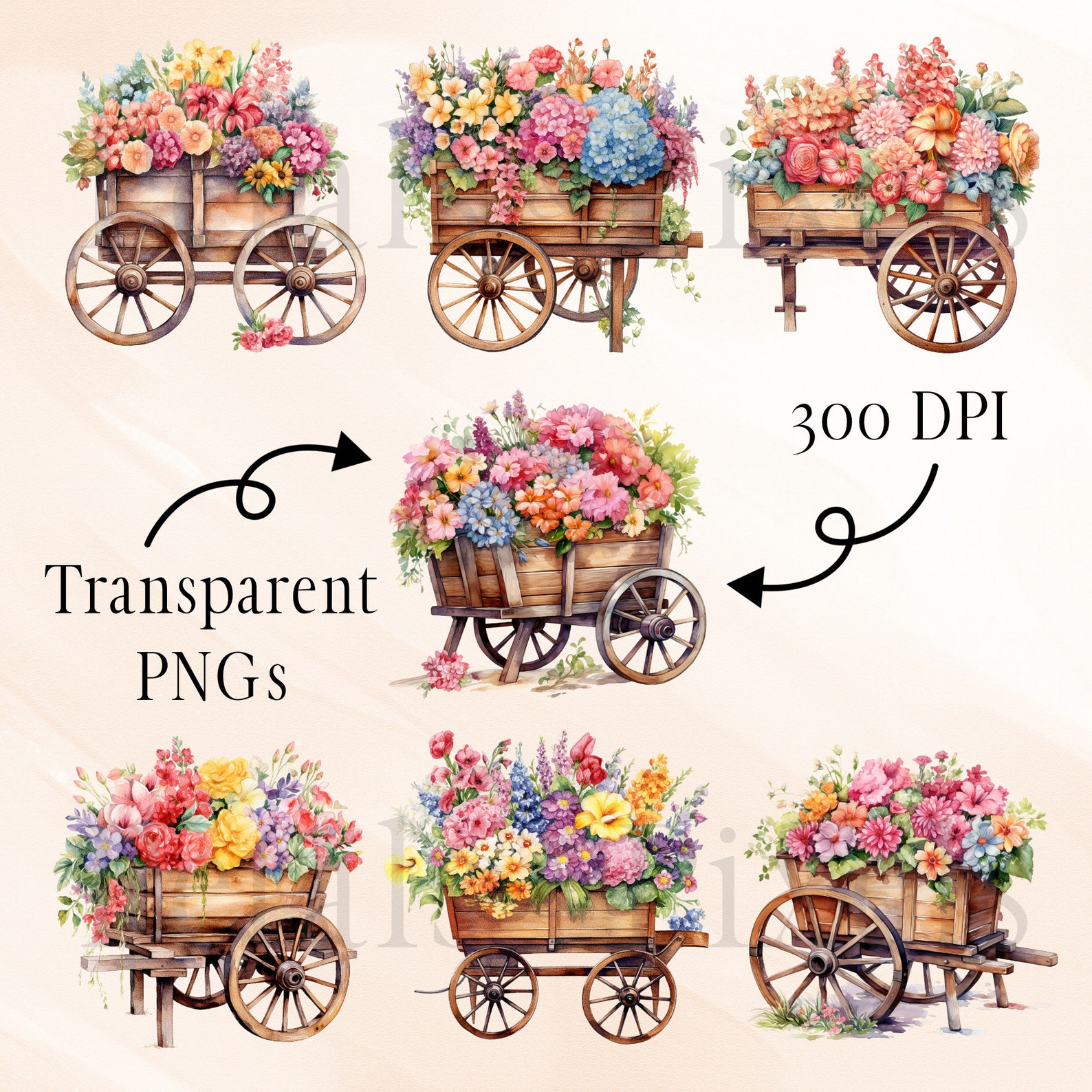 Colorful Flower Cart Clipart, Watercolor Graphics, Digital Download ...
