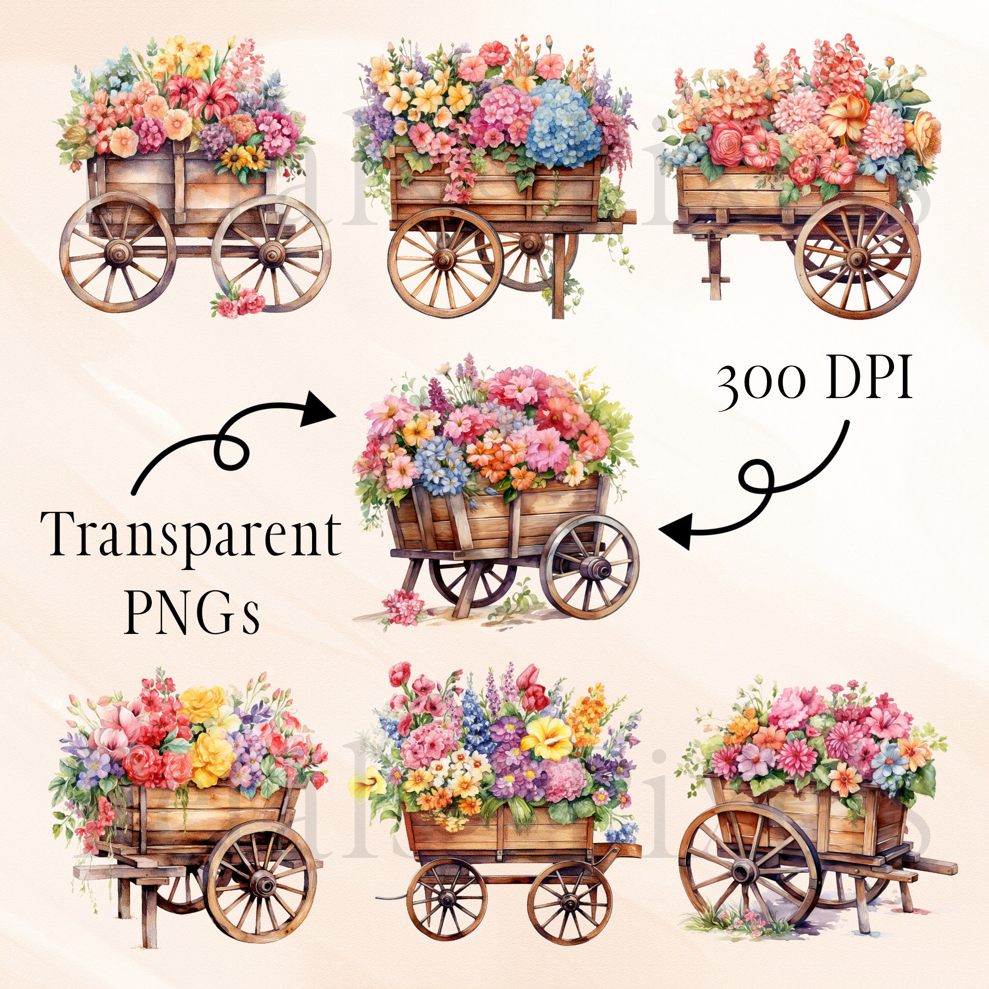 Colorful Flower Cart Clipart, Watercolor Graphics, Digital Download ...