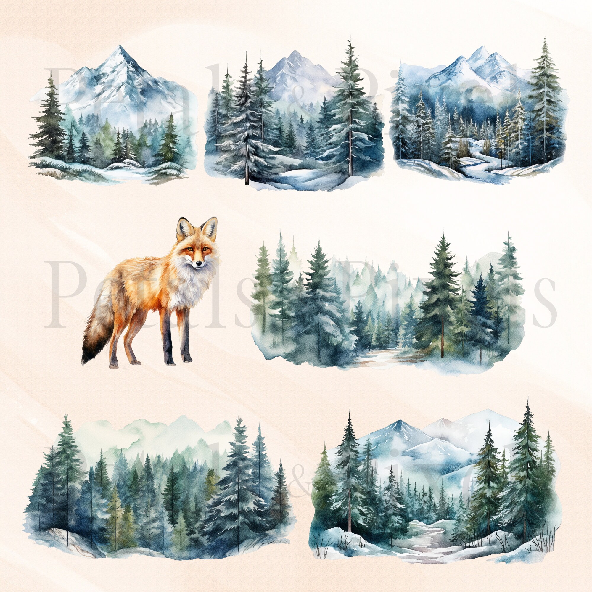 Winter Fox Clipart, Watercolor Clipart, Winter Forest Animal, Christmas ...