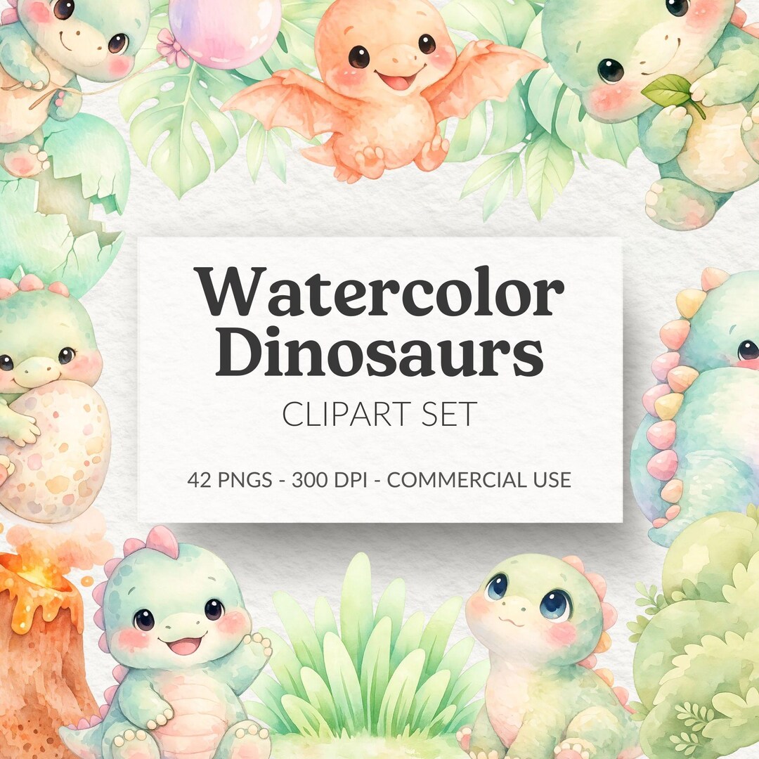 Baby Dinosaurs Clipart Set: Watercolor Pastel Dino Graphics for Nursery ...