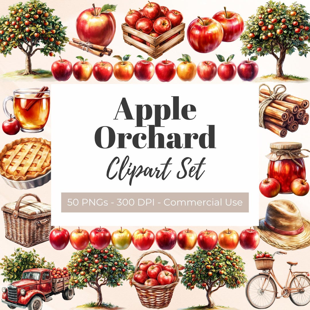 Apple Orchard Clipart Watercolor Fall Apple Harvest Themed Graphics Red ...